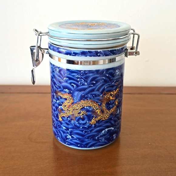 None | Kitchen | Vintage Blue Gold Porcelain Dragon Jar Canister With ...